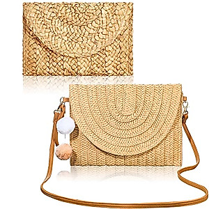 2 Pcs Straw Shoulder Bag Clutch Straw Crossbody Bags Straw Summer bags Handmade Envelope Purse for Women (Light Coffee)