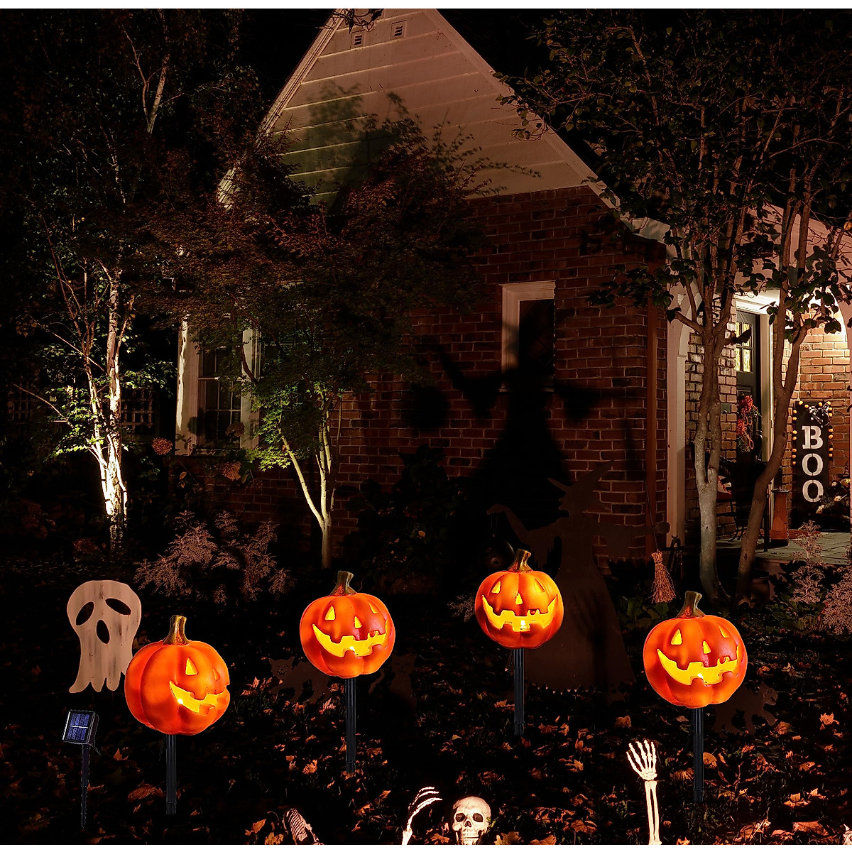 NIGHT-GRING 4 Pack Halloween Pumpkin Pathway Solar Lights, Orange Yard Stake String Lights Halloween Outdoor Decorations, Waterproof LED Pumpkin Halloween Décor Walkway Lights