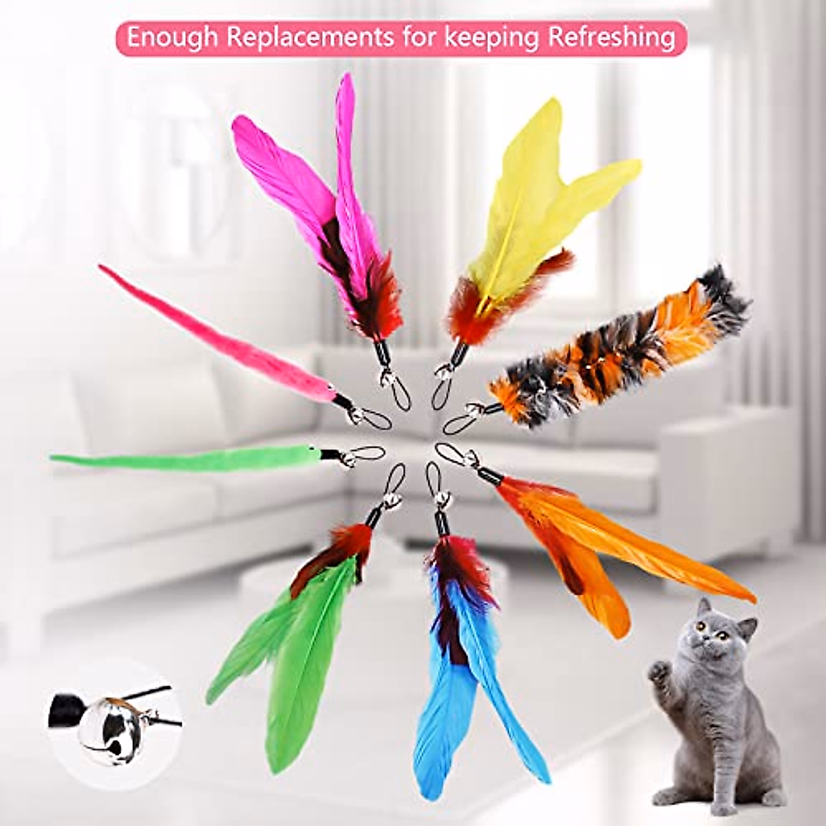 12PCS Interactive Kitten Toys, Retractable Indoor Cat Wand Toys with Replacement Teaser, Rainbow Ribbon and Make Exercise by Sunshinetop