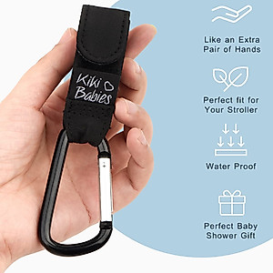 Kiki Babies 2-Pack Stroller Hooks for Bags, Multifunctional Stroller Clip, Diaper Bag Hook, Heavy Duty Carabiner Hanger, Extra Large for Baby Accessories, Bonus Wipes Case & Bag
