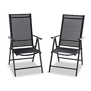 HERA'S PALACE Patio Dining Chair Foldable and Portable, Outdoor Folding Chairs with Armrest, Reclining High Back Sling Dining Chairs for Garden, Poolside, Backyard (2pcs, Black)
