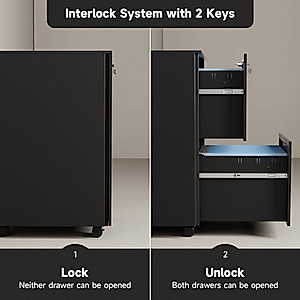 Warmiehomy Metal Mobile File Cabinets for Home Office 2 Drawer Filing Cabinet with Lock Rolling Office File Cabinet fits A4/Letter/Legal Size Fully Assembled (Black)