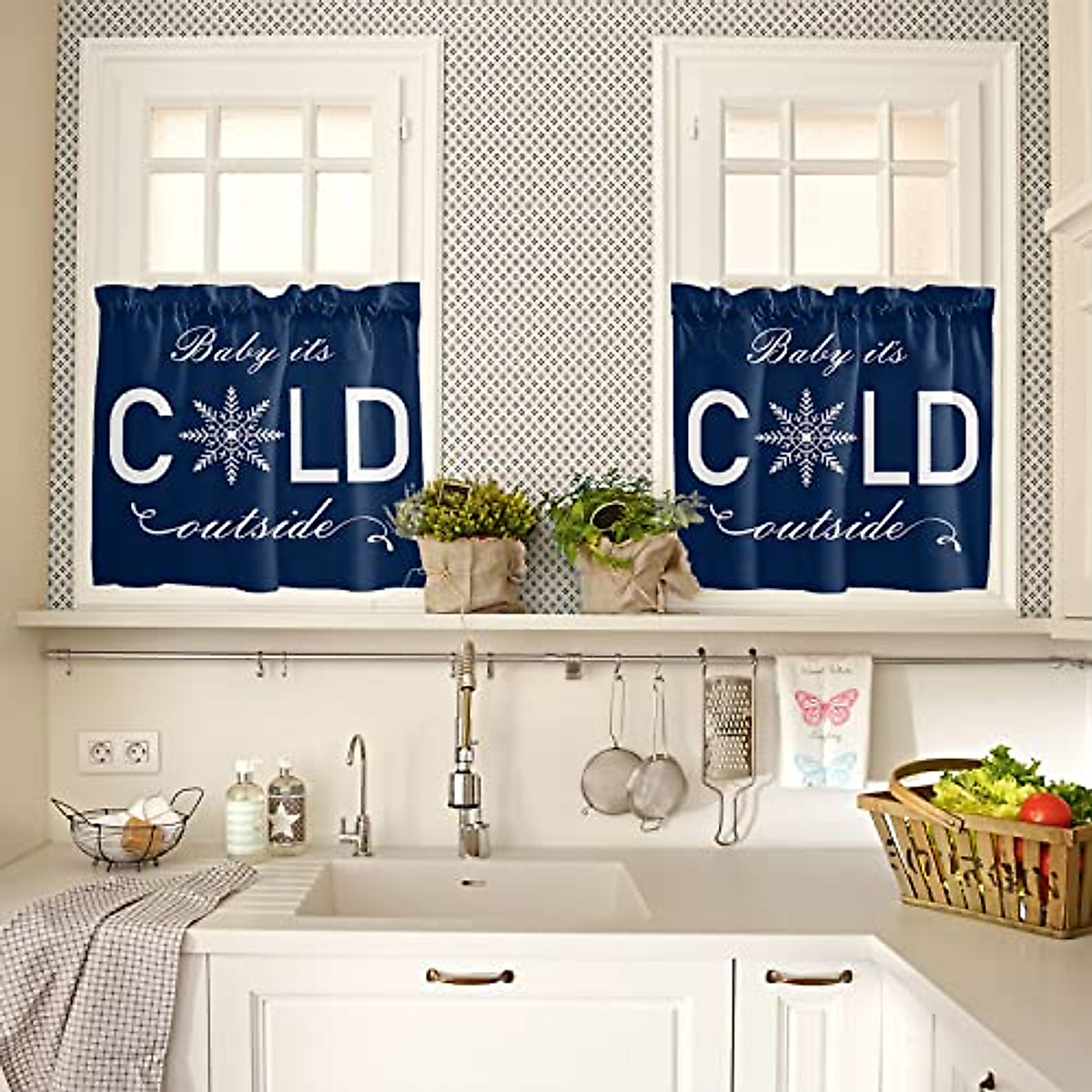 Kitchen Curtain Tier Curtains 36 Inch Long 2 Panels Set, Christmas Wide Pocket Kitchen Window Curtain Panels Home Decor Window Treatments for Living Room Bedroom Cold Winter Snowflakes Blue Backdrop