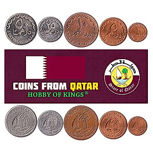 5 Coins from Qatar | Qatari Coin Set Collection 1 Dirham 5 10 25 50 Dirhams | Circulated 1972-1998 | Palm Trees | Sailing Ship - Dhow