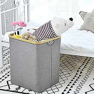 Grey Bamboo Frame Collapsible Laundry Hamper with Handles, Dirty Clothes Basket, laundry room clothes organizer, Oxford Foldable Laundry Baskets for Clothes,Towels, Blankets, Toys Organizer