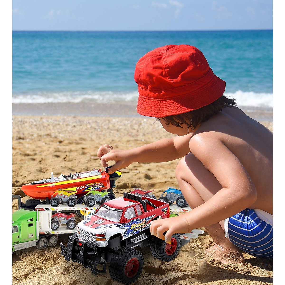 Mozlly Bundle of Friction Powered Hauler ATVs or Monster Trucks Car Carrier Playset & Monster Truck with Speed Boat Trailer Transport Toys - Push & Go