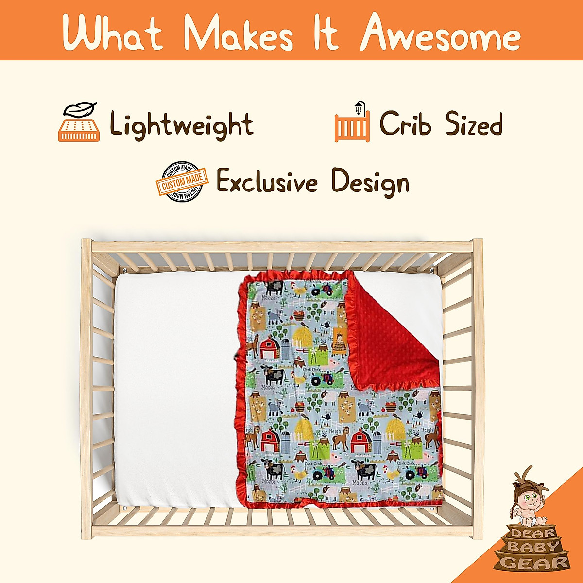 Dear Baby Gear Farm Deluxe Baby Blanket - Reversible, Milestone & Newborn Gifts for Girls and Boys - Farm Life Animals, Tractor, Red, 32 Inches by 32 Inches