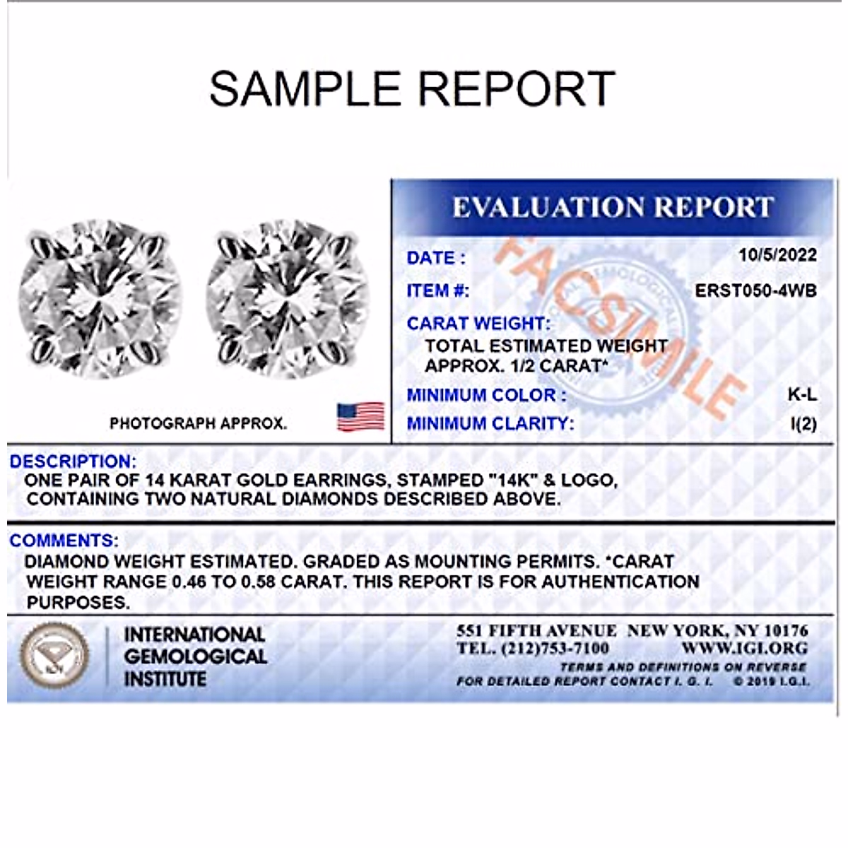 IGI Certified 1/2 Carat TW Round Natural Diamond Stud Earrings set in 14K White Gold |Real Diamond Stud Earrings in Real 14K Gold