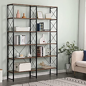 MELLCOM Double Wide 6-Tier Bookshelf, Industrial Open Large Bookcase, Wood and Metal Tall Bookshelves for Living Room Bedroom Office, Rustic Brown