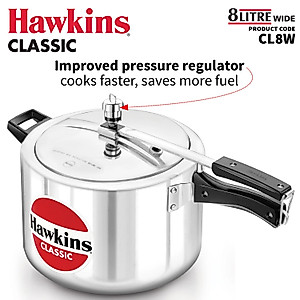 Hawkins Classic CL8W 8 L Aluminum Pressure Cooker, Medium, Silver, 8-Liter Wide Body