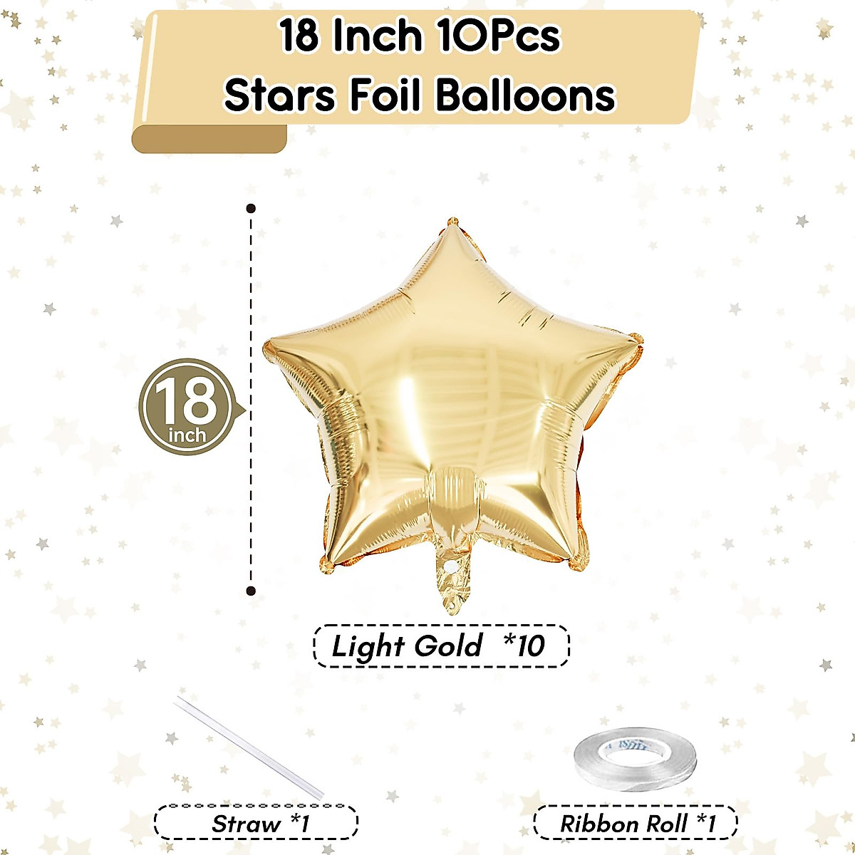 Gold Star Foil Balloons, 18 Inch Light Gold Stars Shape Foil Helium Balloons 10 Pcs Large Gold Mylar Stars Balloons Light Gold Pentagram Balloons for Birthday Wedding Baby Shower Graduation