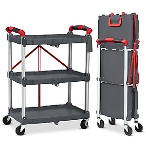 Towallmark Portable Folding Service Cart, 3 Tier Folding Utility Cart, Collapsible Utility Carts for Office, Warehouse, and Home, 56 Lbs Load Capacity per Shelf (Grey & Red)