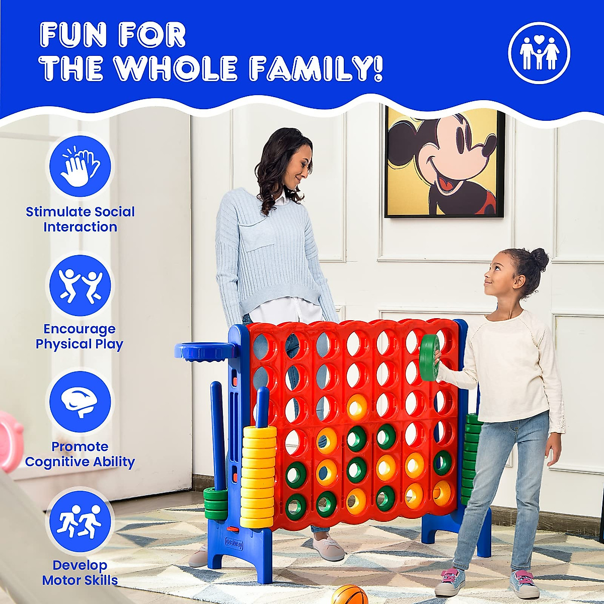 HONEY JOY Jumbo 4-to-Score Giant Game Set, 3-in-1 Indoor Outdoor Family Yard Game Set w/Basketball Hoop & Ring Toss, 42 Jumbo Rings, Quick-Release Slider, Giant 4-in-A-Row for Kids & Adults