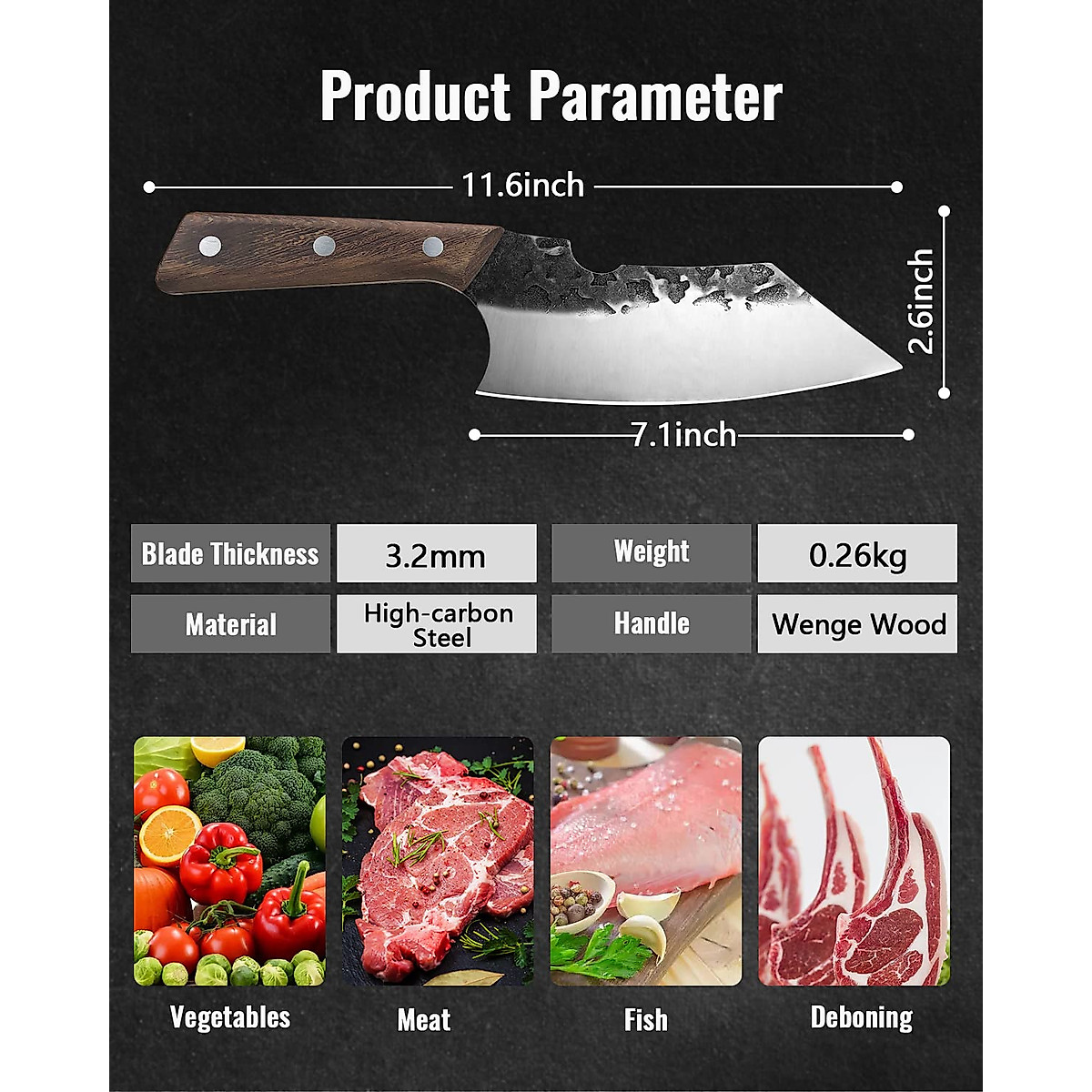 Meat Cleaver Knife High Carbon Steel Hand Forged Kitchen Chef Knives 7 Inch Full Tang Viking Knife with Sheath Butcher Boning Knife for Meat Cutting Outdoor Camping BBQ