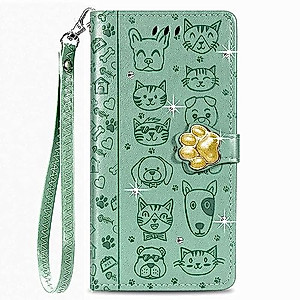 ONV Wallet Case for Oppo Realme 7 Pro - Sparkly Cute Animal Leather Folio Cover + Strap Card Holder Anti-Shock Kickstand Magnet Flip Case for Oppo Realme 7 Pro [MG] -Green