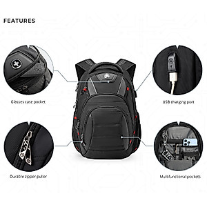 SwissDigital Circuit Men's Laptop Backpack for College and Business Travel with Integrated USB Charging Port and RFID Protection Fits Laptops up to 15.6 in, Black (J14-BR)