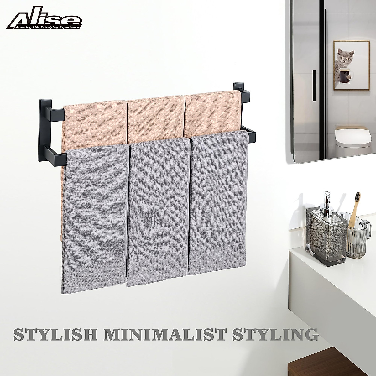 Alise Double Bath Towel Bars Towel Racks for Bathroom Lavatory Wall Mount,Towel Hanger SUS304 Stainless Steel Towel Holder Towel Rail 23.2 Inch,Matte Black,GOY002-B