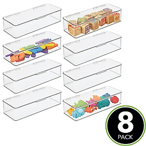 mDesign Plastic Stackable Storage Bin Container Box with Attached Lid for Kids Room, Play Room, Nursery for Organizing Toys, Games, Puzzles, Craft and School Supplies - 8 Pack - Clear