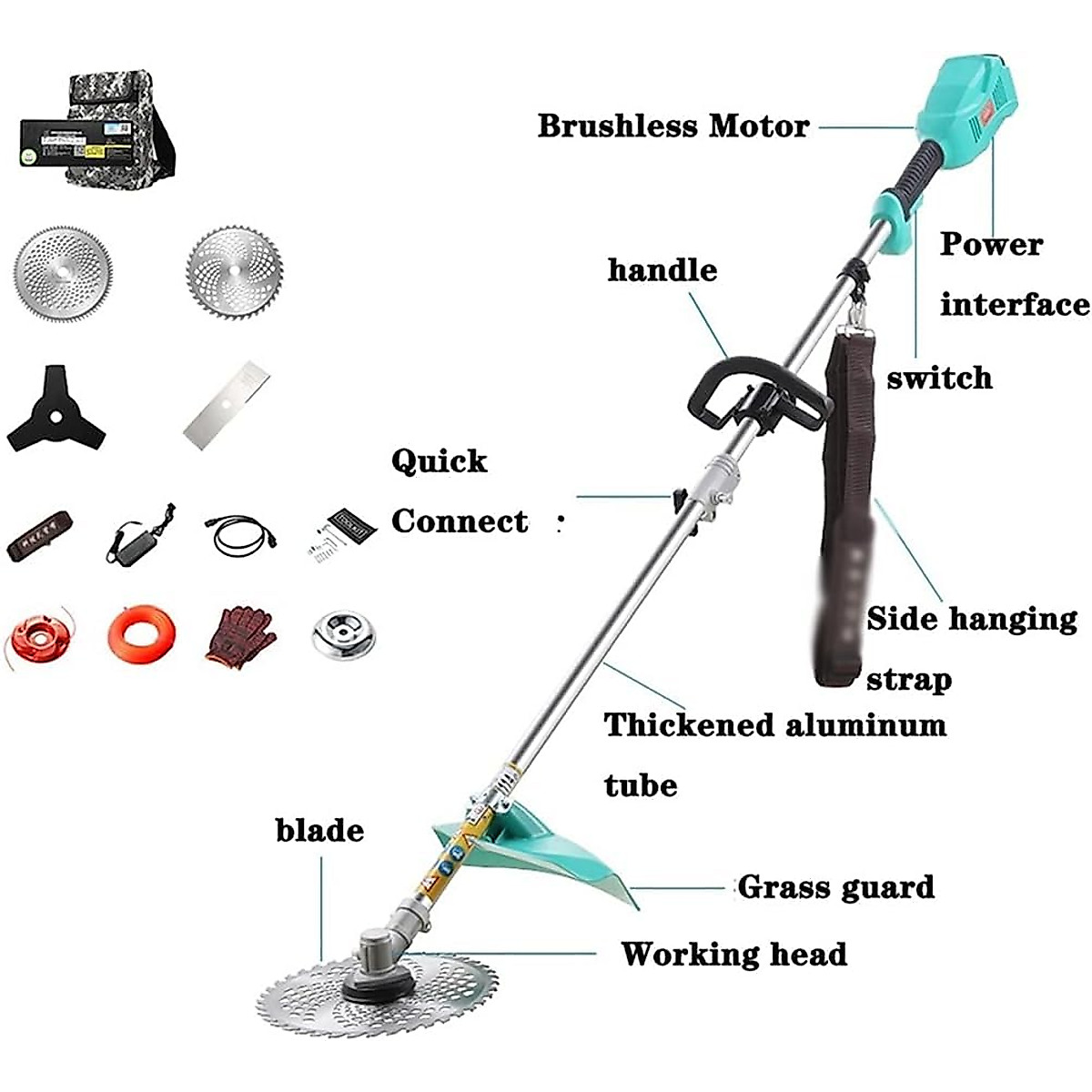 RUTAVM Handheld String Trimmer Battery Grass Cutter Electric Lawn Mower, Garden Grass Trimmer Cordless with Wheels with Armrest, 24V/12Ah Lithium Battery