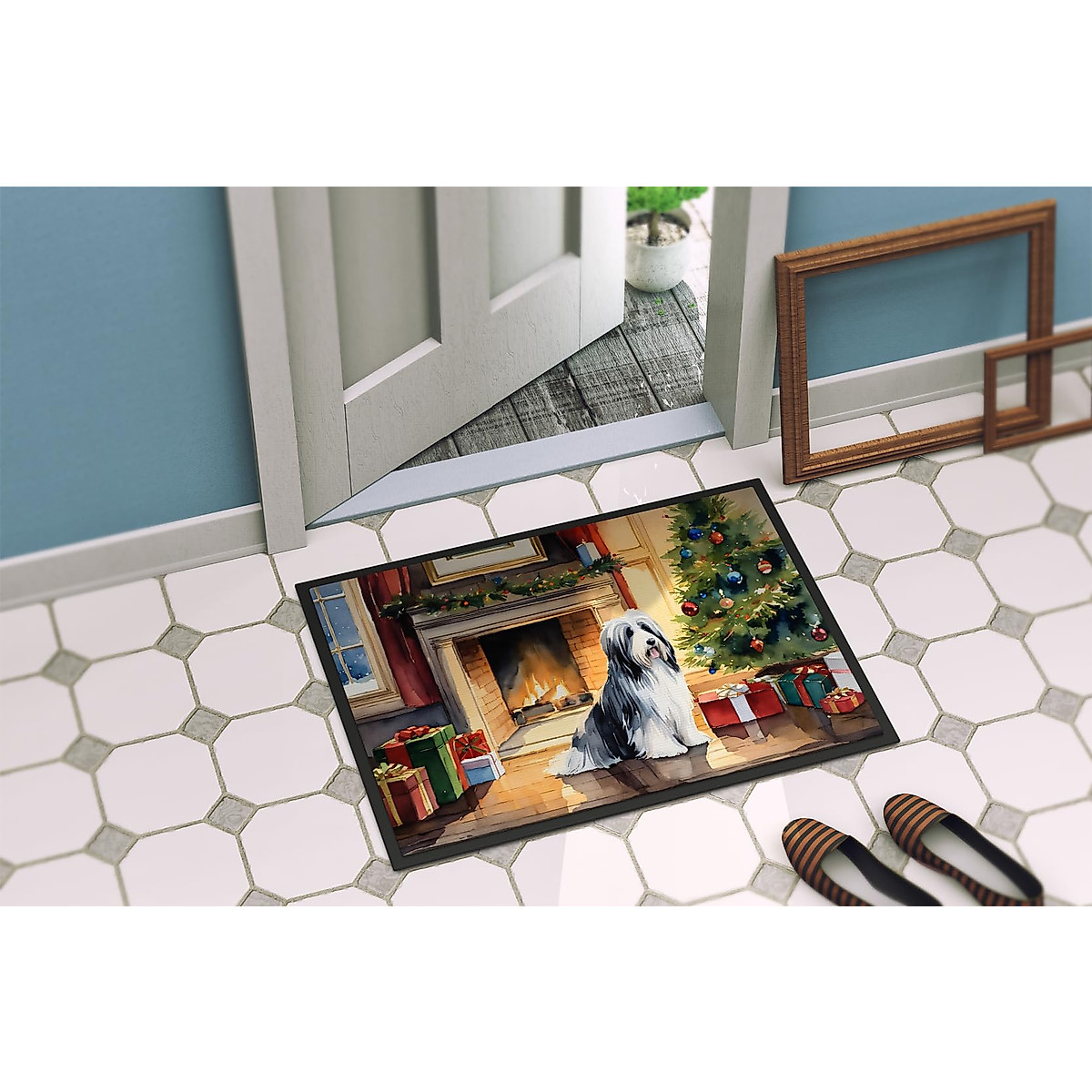Caroline's Treasures DAC2605MAT Bearded Collie Cozy Christmas Doormat Front Door Mat Indoor Outdoor Rugs for Entryway, Non Slip Washable Low Pile, 18H X 27W