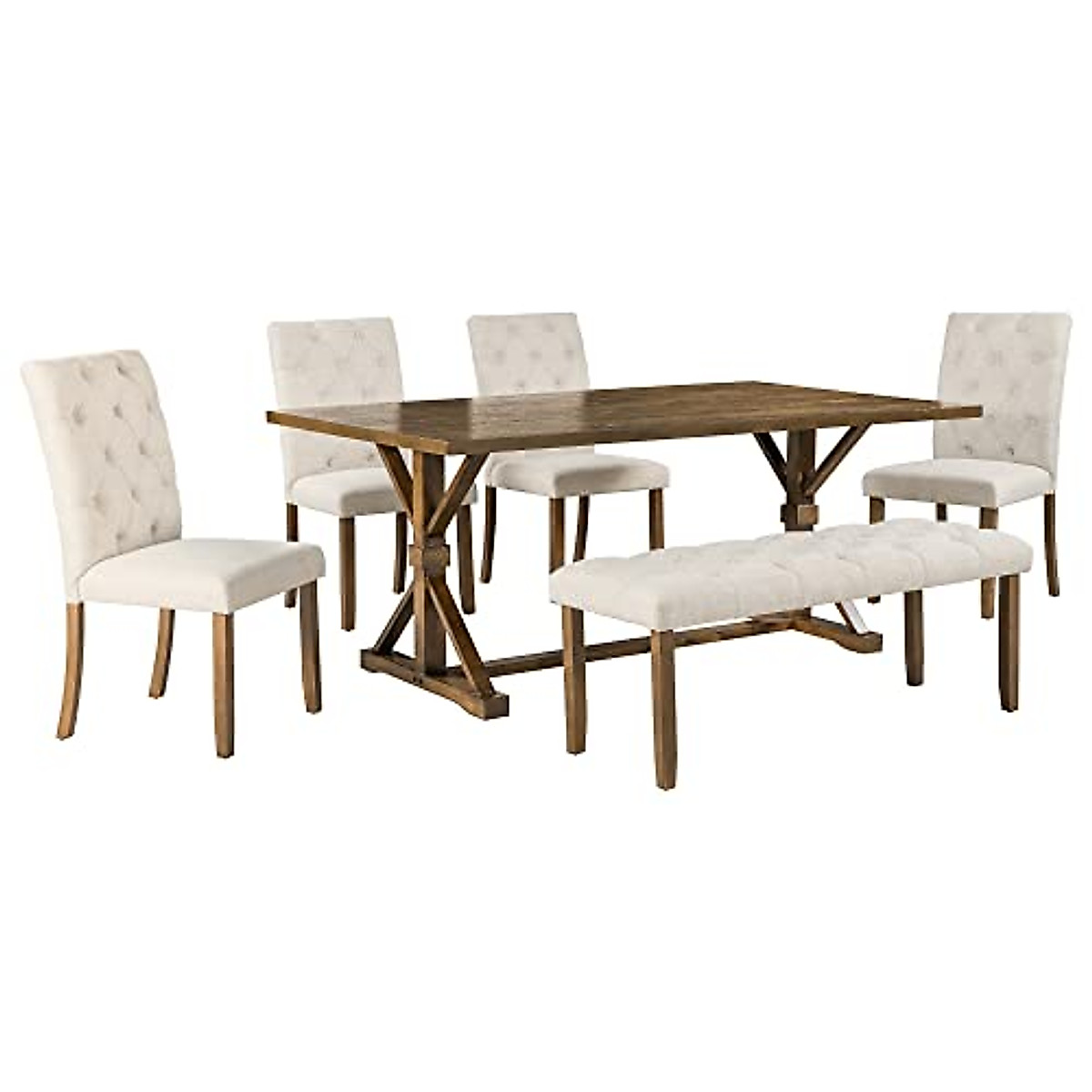 Goohome 6-Piece Farmhouse Kitchen Dining Set, Mid-Century Wood Rectangular Table, 4 Flannelette Upholstered Chairs and Bench Family Furniture, for Home, Apartment, Walnut