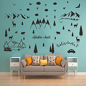 ANFRJJI Forest Theme Wall Decals - Dreamy Forest with Pine Tree, Deer, and Bears - Wild Mountain & Jungle RV Camping Wall Sticker - Adventure Awaits Wall Art | PVC Removable Wall Decals for Children's Room Decor effect 27"x38" Inches JWH206 (black RV camp