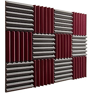 Pro Studio Acoustics - Burgundy/Charcoal - 12"x12"x2" Acoustic Wedge Foam Absorption Soundproofing Tiles - 12 Pack
