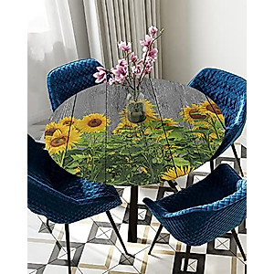 Big buy store Elastic Edged Waterproof Tablecloth Round Sunflower Plant Garden Reusable Wipeable Table Cover Wooden Plank Washable Oil-Proof Fitted Table Cover up up to 55"- 60" Round Tables