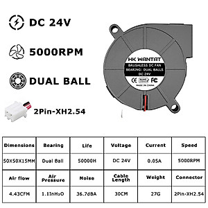 3Pcs HKWANTAT Dual Ball Bearings Brushless DC Cooling 50mm Blower Fan 24v 5015 50x50x15mm 2-Pin