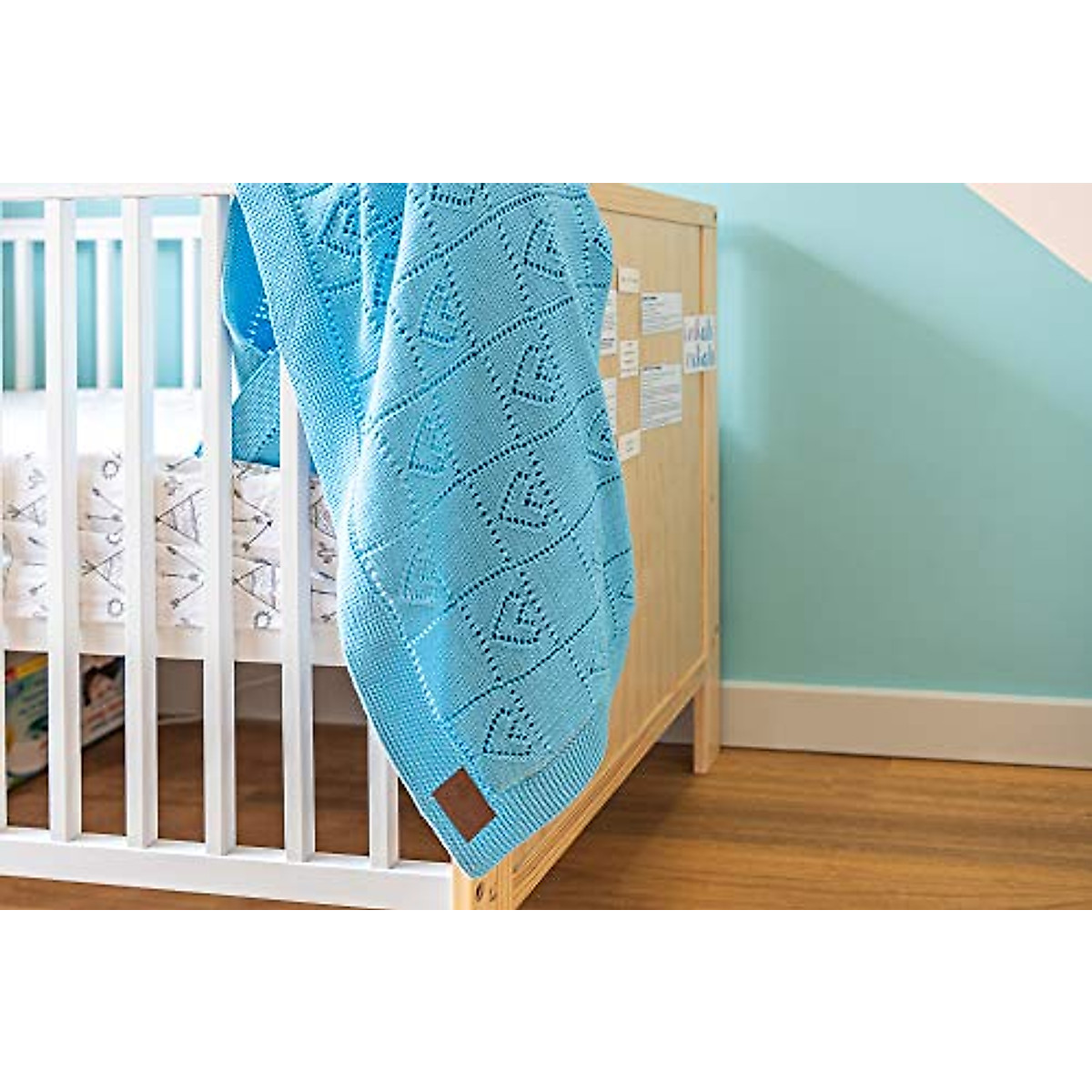 100% Organic Cotton Large Knit Baby Blanket, Swaddle, Receiving, Stroller and Photography Blankets, Pink, Blue and White, 40”x47” GOTS Certified – Boy, Girl for Newborn, Infant and Toddler (Blue)
