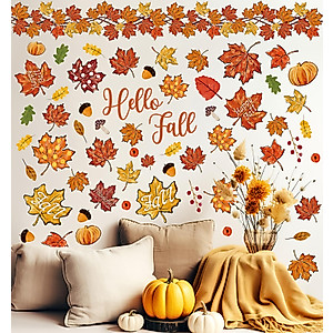 JarThenaAMCS 9 Sheet Thanksgiving Wall Stickers Fall Adhesive Oil Painting Maple Leaf Pumpkin Acorn Wall Decals Removable Mural Wall Decor for Home Classroom Autumn Supplies