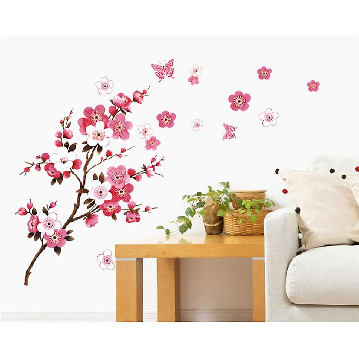 SWORNA Nature Series Branch Pink Flowers & Butterfly Removable Vinyl Mural Wall Art Decor Home Stickers Decals Bedroom/Hallway/Sitting/Living Room/Kids Nursery (29.5’’H X 65’’W, Brown & Pink,X-L)