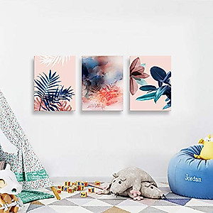 Canvas Wall Art for Girls Bedroom Bathroom,3 Pieces 12" X 16" Tropical Botanical Prints Abstract Watercolor, Modern Navy Blue Leaf Picture Artwork Framed Ready to Hang, Teen Girls Woman Room Blush Pink Decor