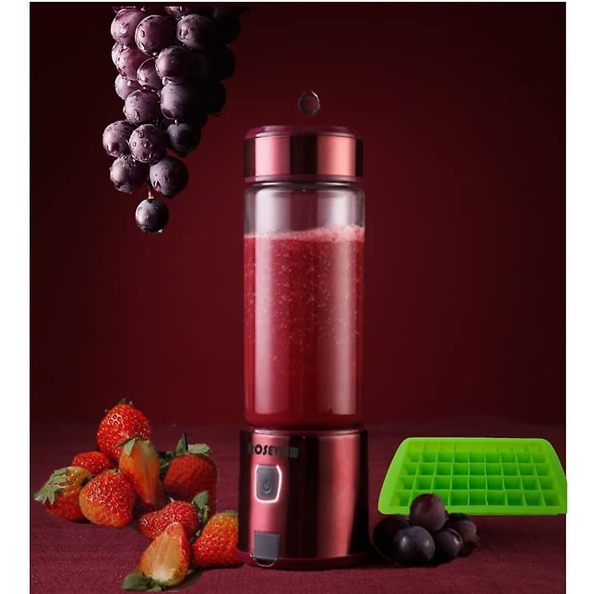 Smoothie blender Portable ROSEVIEW Glass bottle Mini rechargeable Handheld Ice crushing Shakes Cup USB juicer Cordless Personal smoothies maker Fruit mixer Juice sport travel healthy smoothy (Red Steel)