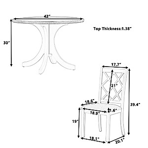 HZSSDTKJ 5-Piece Mid-Century Solid Wood Dining Table Set, 42" Wooden Round Dining Table with 4 Upholstered Chairs for Small Places, Family Kitchen Furniture for 4 People (Brown+Gray-02)