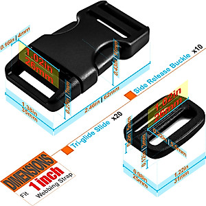 Buckles for Straps 1": Side Release Buckle Plastic Clip 10 set + Tri-Glide Slide 20 pcs Fit 1 inch Wide Nylon Webbing Canvas Strap, Heavy Duty Replacement Backpack Dog Collar, Dual Adjustable No Sew
