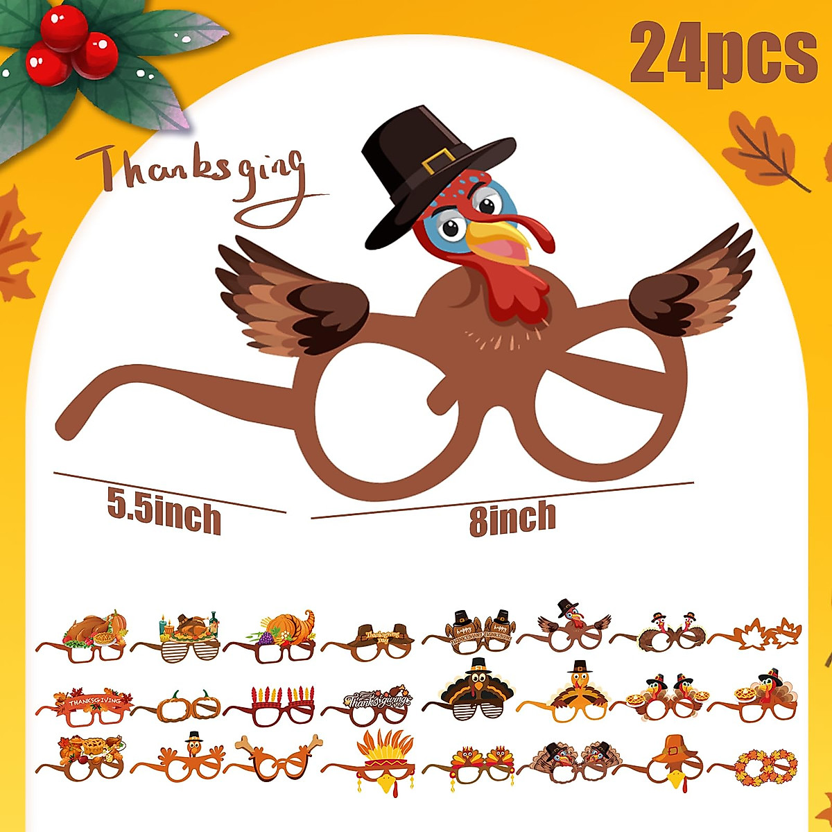 AMOR PRESENT 24PCS Thanksgiving Turkey Eyeglasses, Turkey Eyewear Frame Party Photo Props Thanksgiving Paper Glassess for Kids Adults Thanksgiving Day Party Favors