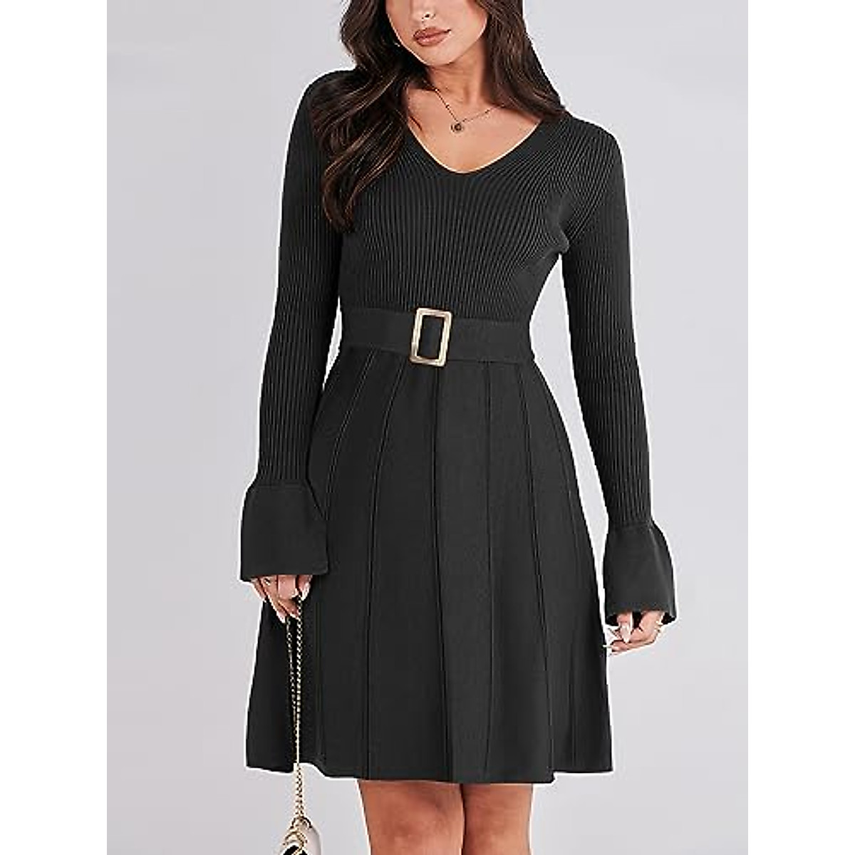 ANRABESS Sweater Dress for Women 2023 Fall Fashion Long Sleeve V Neck Tie Waist A-Line Pleated Swing Sexy Elegant Ribbed Knit Midi Formal Wedding Guest Dresses 1195heise-M Black