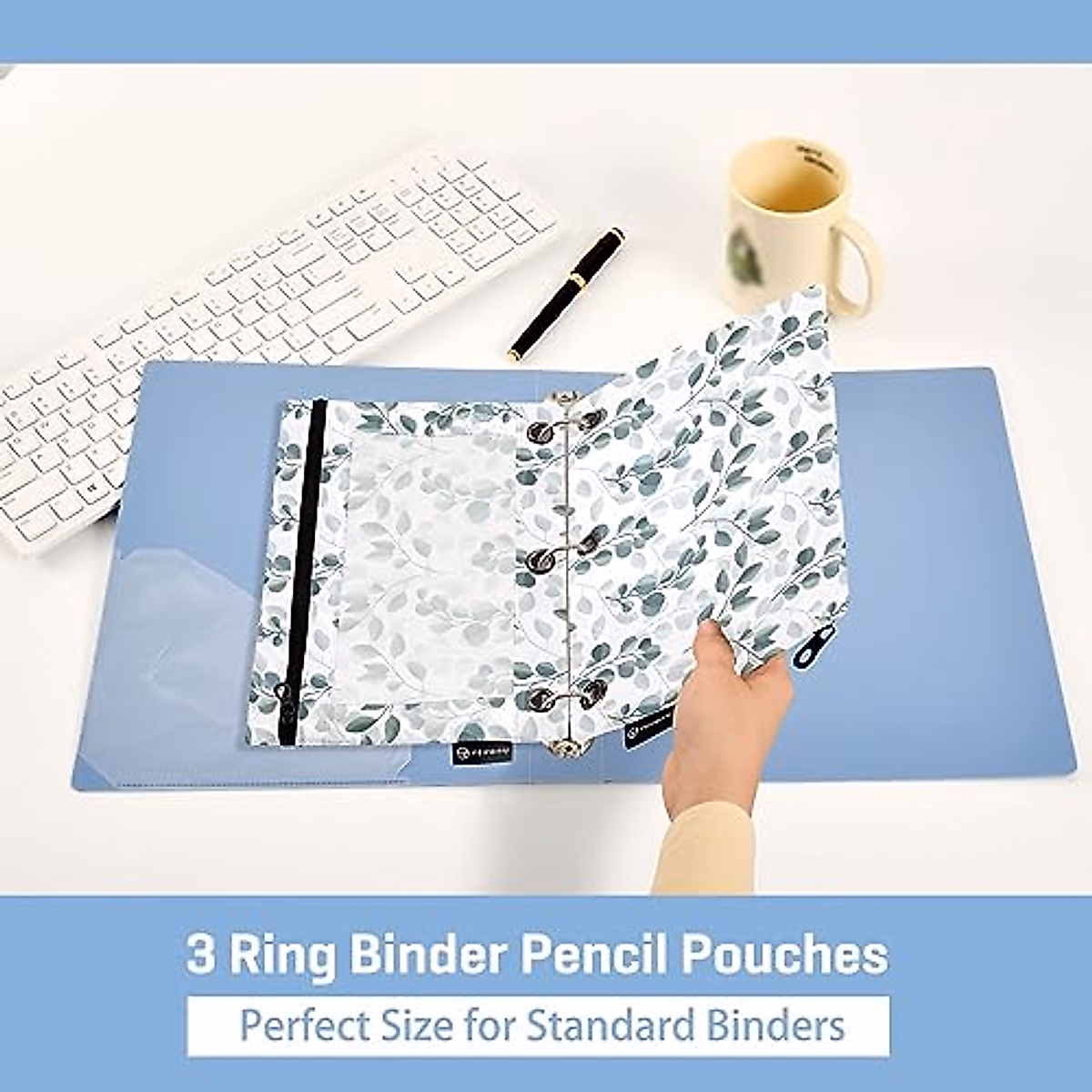 Floral Leaf Pencil Pouch for 3 Ring Binder 2 Pack Binder Pouches with Clear Window Binder Pencil Bag Case with Zipper for Office Supplies
