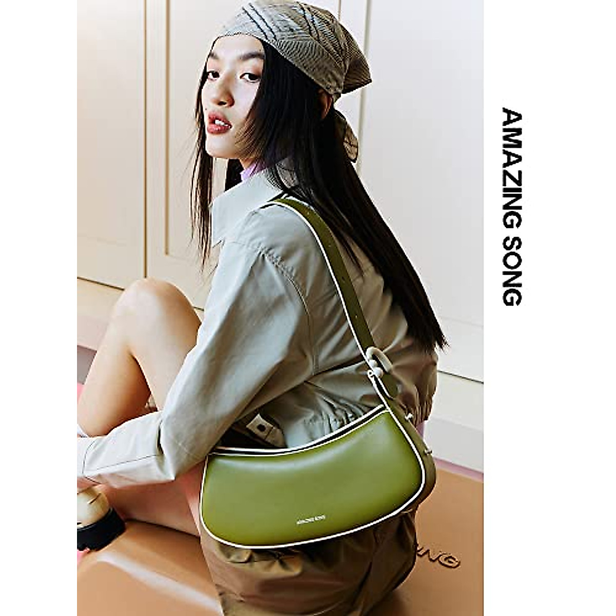 Amazing Song Small Shoulder Bag for Women, Leather Purse Designer Top Handle Bag Handbags Satchel (Olive Green)