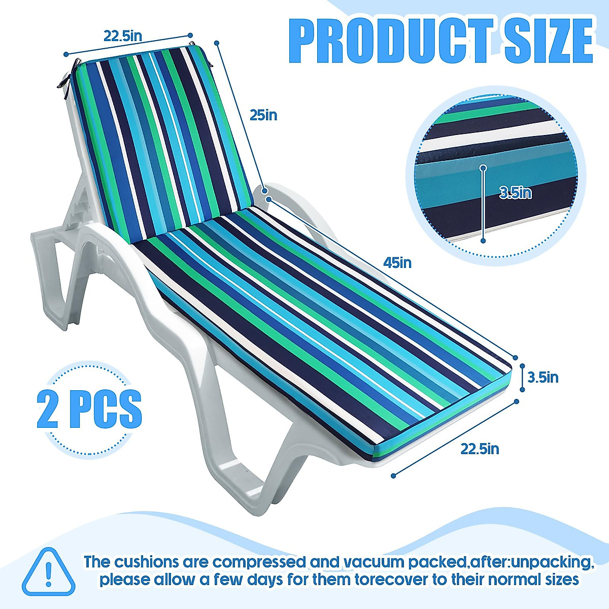 Menkxi 2 Pack Outdoor Stripe Chaise Lounge Cushion with Ties, Reversible Patio Cushion, Solid Back Lawn Furniture Cushions, Pool Lounge Chair Cushions, 70.87'' x 19.69'' x 3.54'' (Classic Color)
