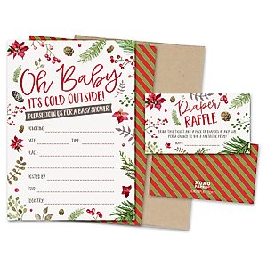 Koko Paper Co Baby It’s Cold Outside Winter Baby Shower Invitations and Diaper Raffle Tickets with Winter Florals. Set of 25 Fill in Style Cards, Kraft Envelopes, Raffle Tickets