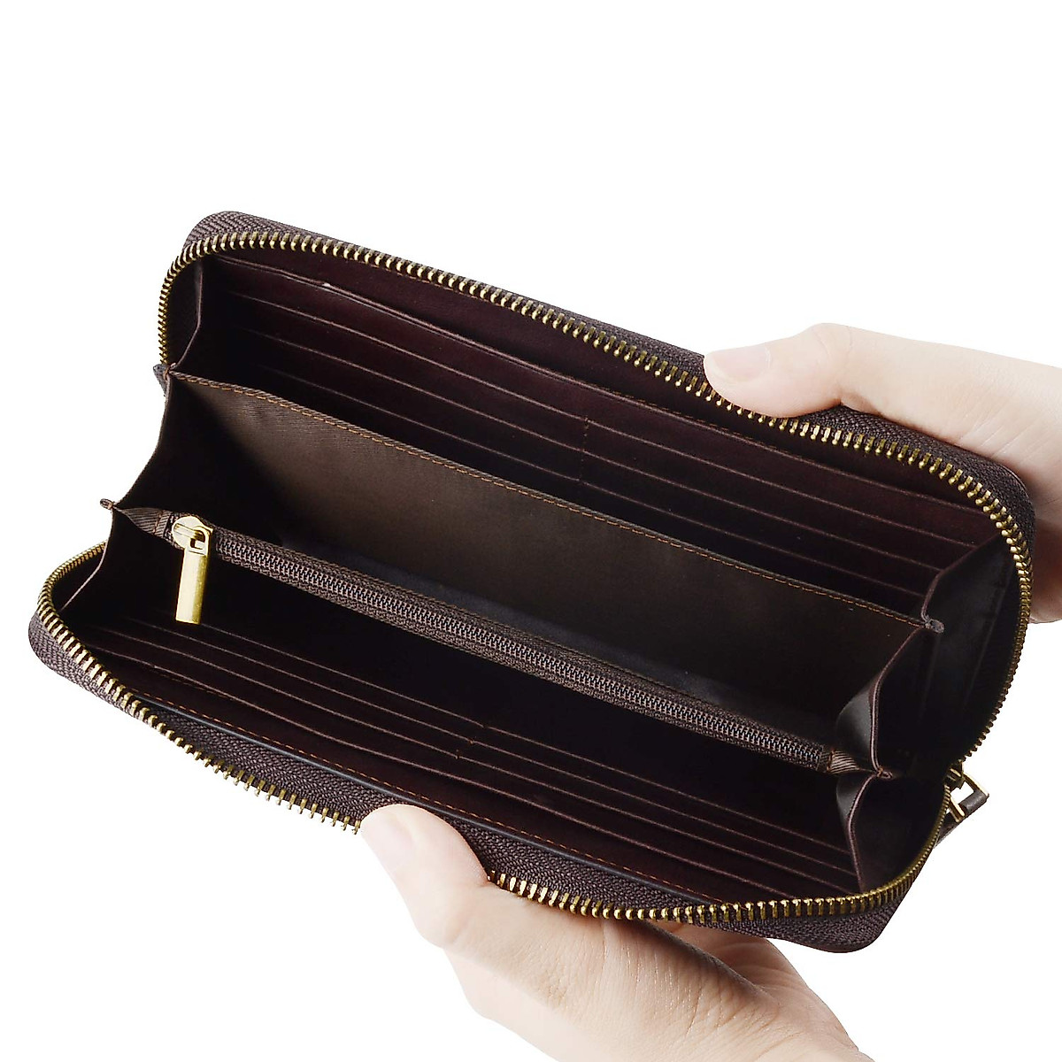 VISOUL Women’s RFID Blocking Genuine Leather Long Wallets with Detachable Wrist Strap, Large Capacity Zip Around Phone Holder Wallet for Women (Coffee)