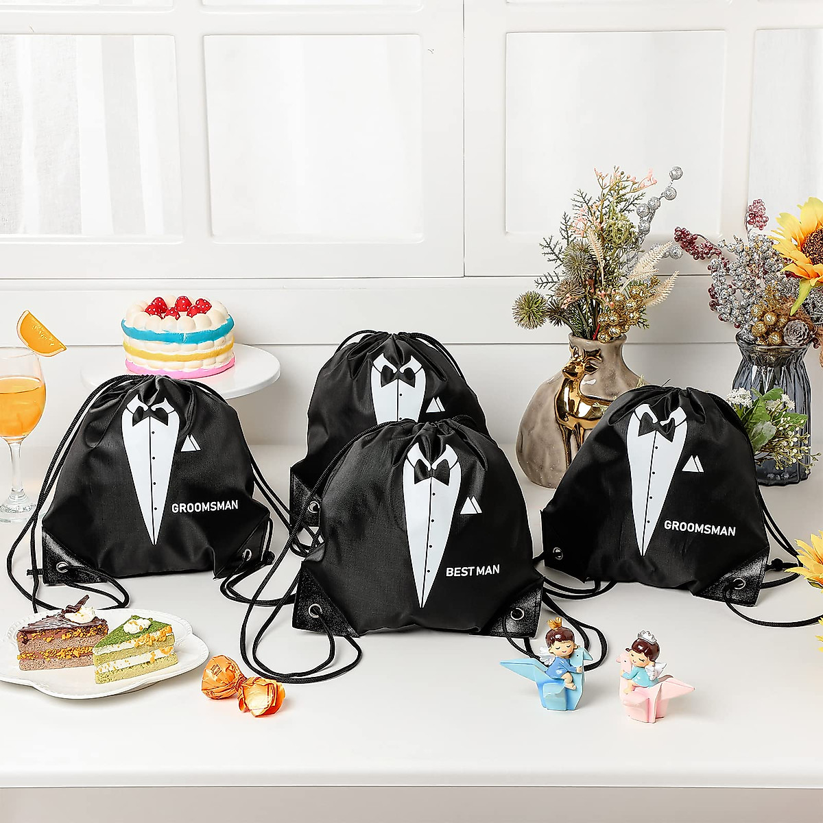 7 Pack Groomsmen Proposal Bags Man Gifts for Wedding Party Favor Bags with Drawstring Black Wedding Present Set for Groomsman Father's Birthday Anniversary Wedding Party Supplies