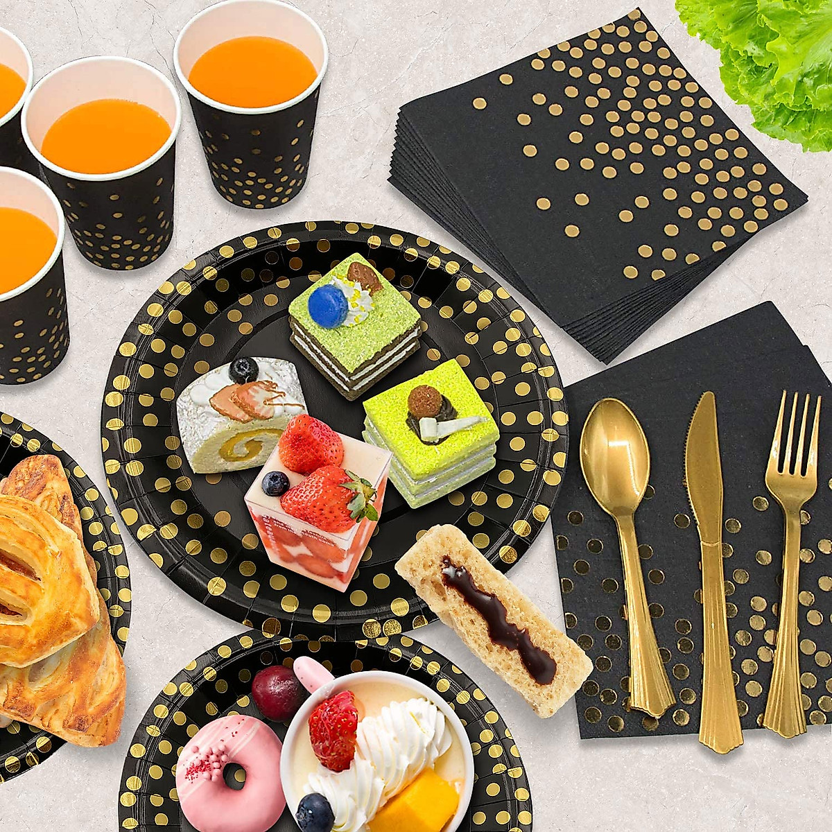 175PCS Black and Gold Party Supplies, Severs 25 Disposable Party Dinnerware, Gold Plastic Forks Knives Spoons and Golden Dot Black Paper Plates, Black Napkins Cups for Graduation, Birthday, Wedding