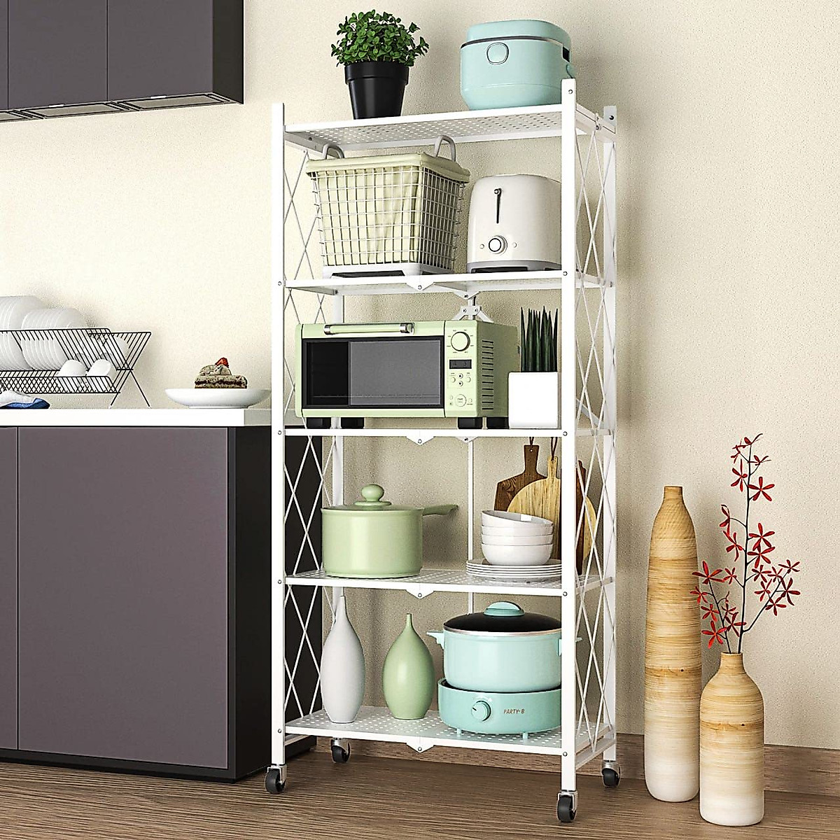 Muichi Folding Shelf 4-Tier, Foldable Shelves with Wheels, Heavy Duty Shelving Unit, Sturdy Metal Shelf Storage Organizer Rack for Kitchen, Garage, Home, Office, Garden (White)