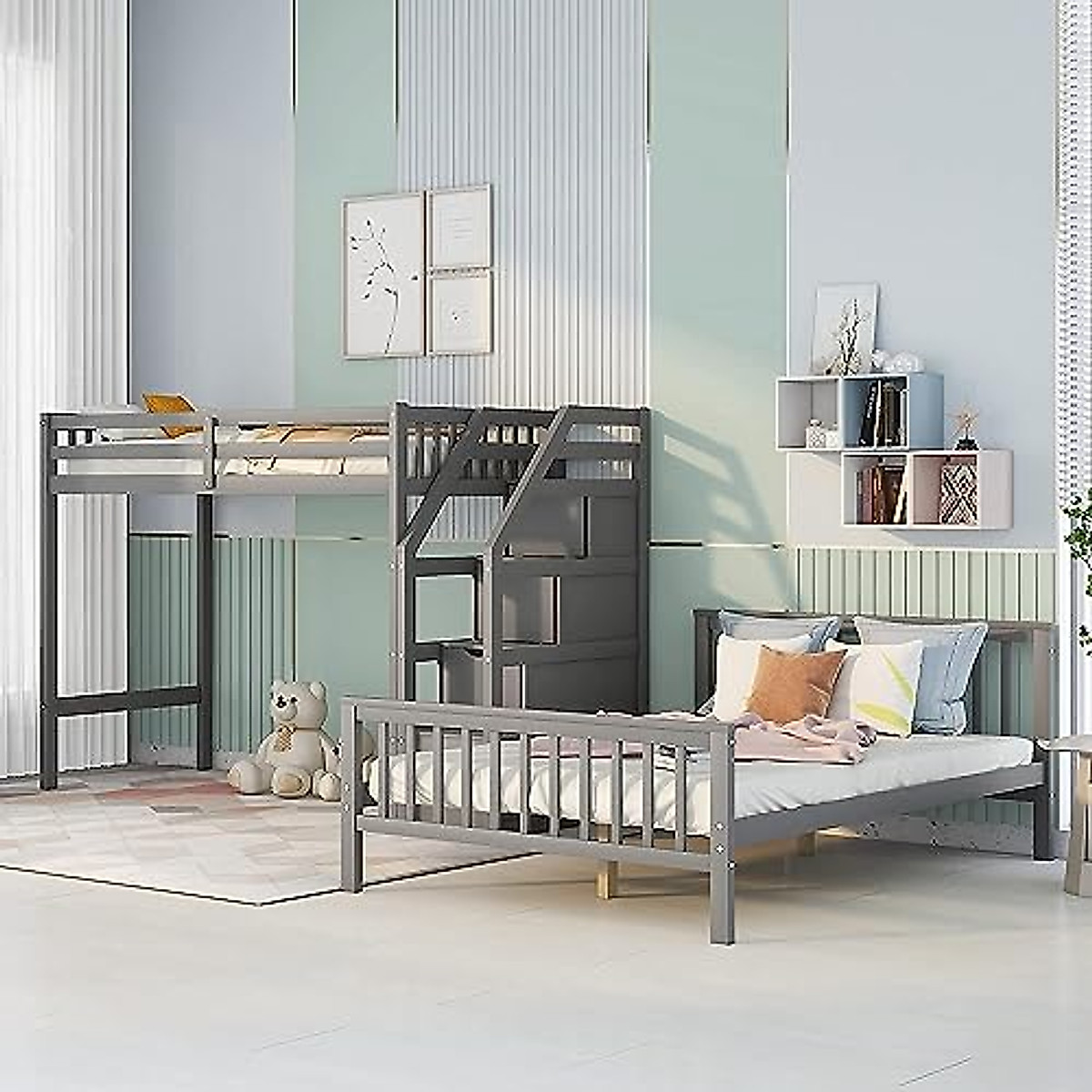 Harper & Bright Designs Twin Over Full Bunk Beds with Storage Stairs, Wooden Stairway Bunk Beds with Removable Bottom Bed and Guardrails for Kids Girls Boys,No Box Spring Needed (Grey)