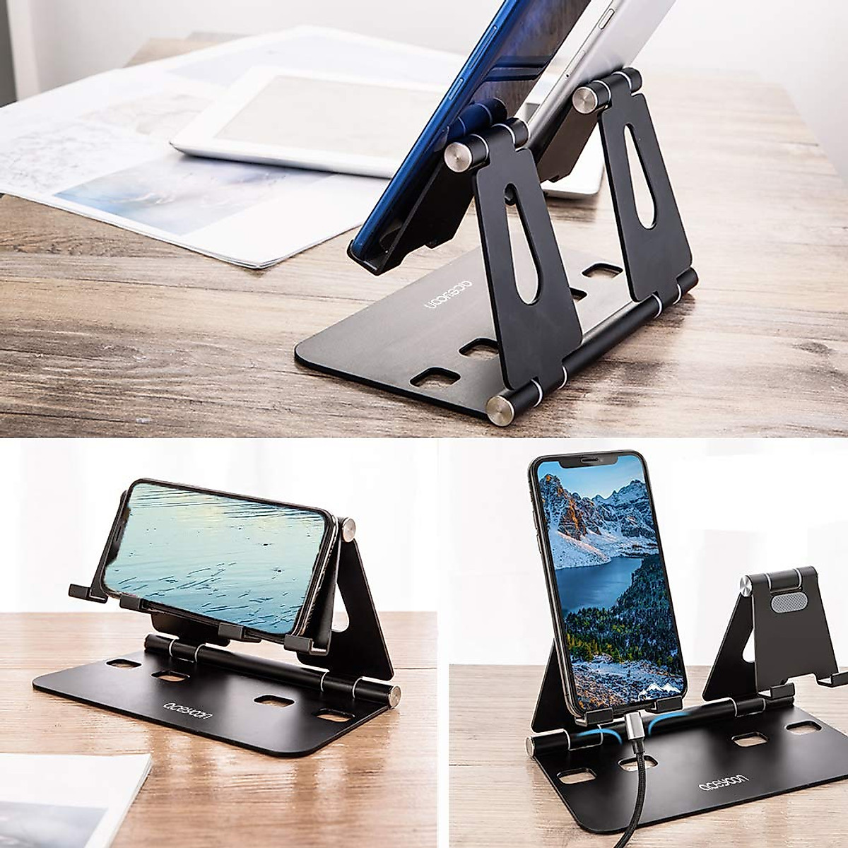 aceyoon Adjustable Tablet Stand, iPad/Cell Phone Holder for Desk, Aluminum Alloy Stand Holder for 2 Phones or a Tablet/Kindle, Sturdy Dual Stands, Foldable and Portable, Black
