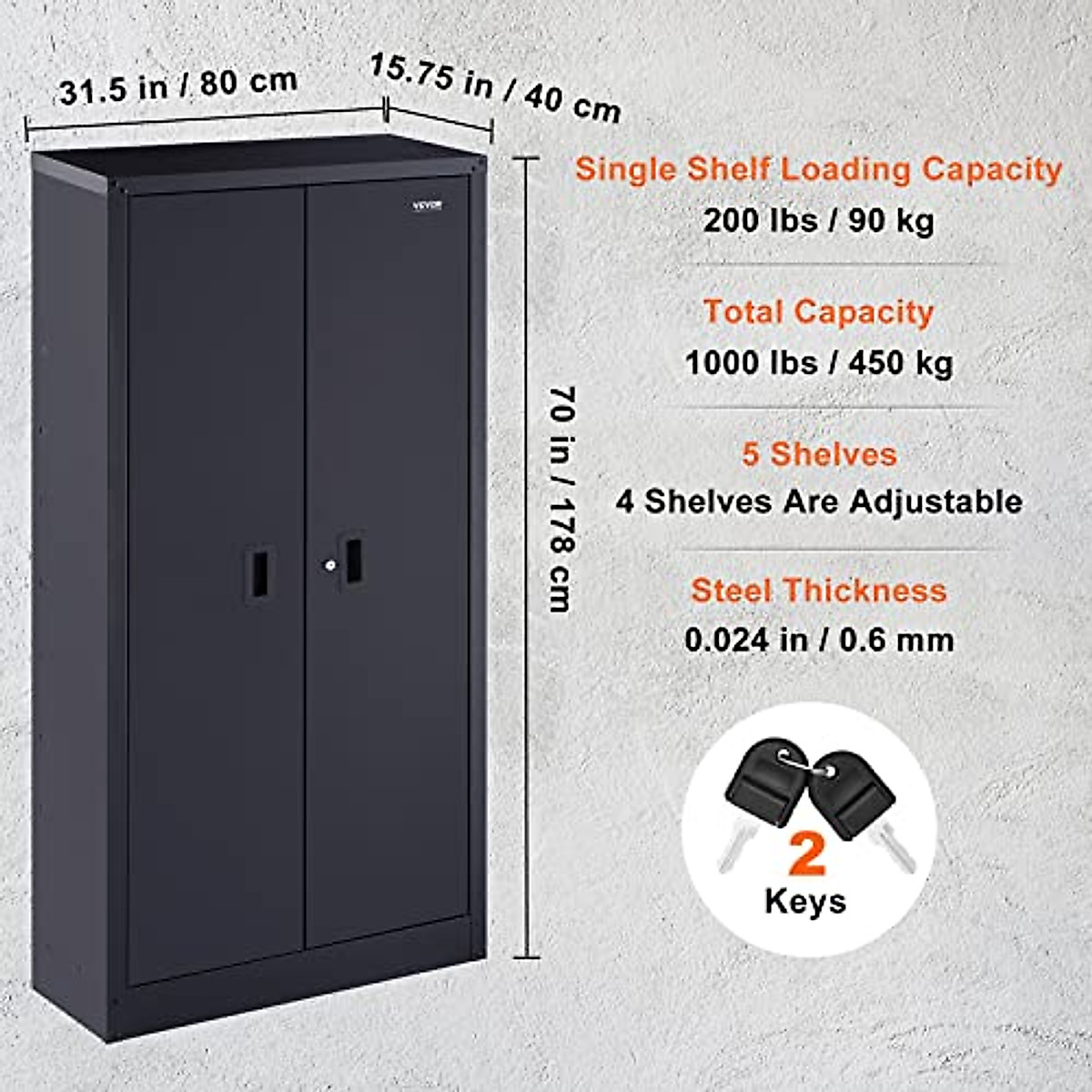 VEVOR Metal Storage Cabinet, 200 lbs Load Capacity per Shelf, 70'' Tall Lockable Powder-Coating Steel Garage Cabinet with 4 Adjustable Shelves, Magnet Doors & Lock, Perfect for Office Home Garage