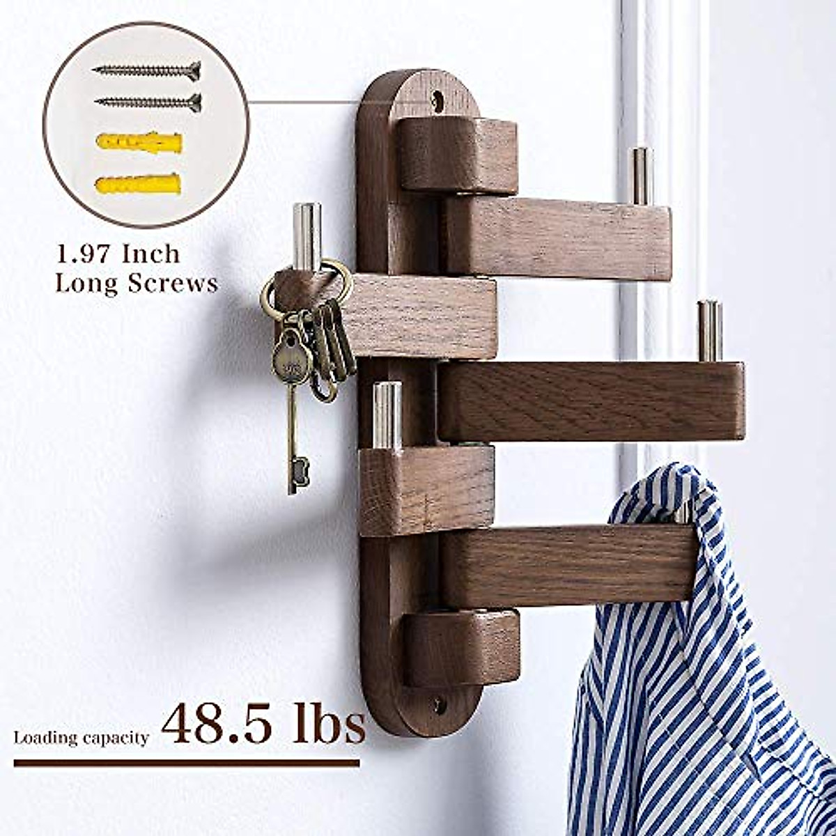 Coat Hooks for Wall, Walnut Wood Wall Hooks with 5 Swivel Foldable Arms, 12'' Length Wall Coat Rack Hat Hooks for Bathroom Entryway Bedroom Office Kitchen, Heavy Duty